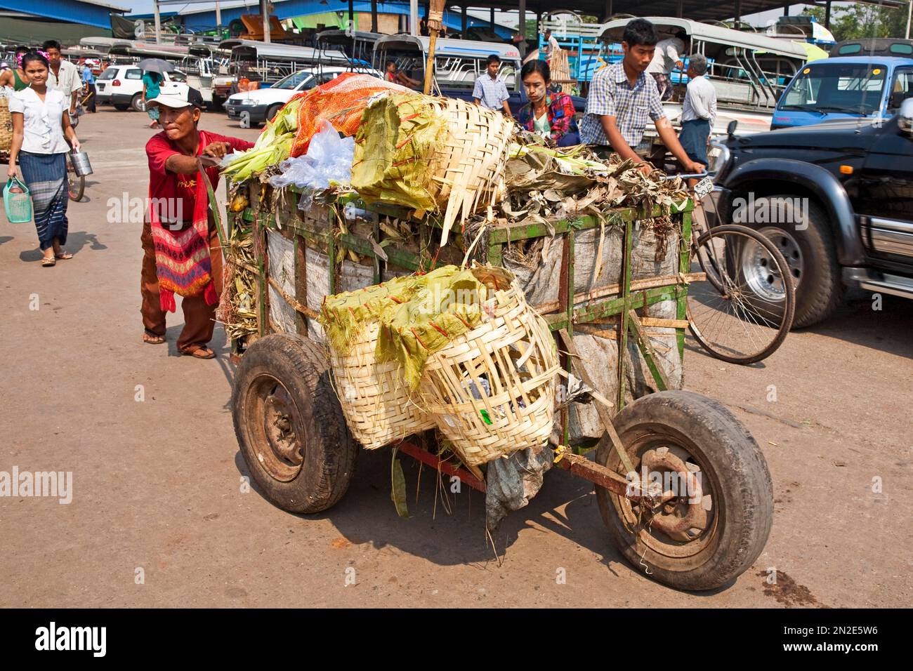 Waste transport, Thiri Mingaleay vegetable market, Yangoon, Myanmar ...