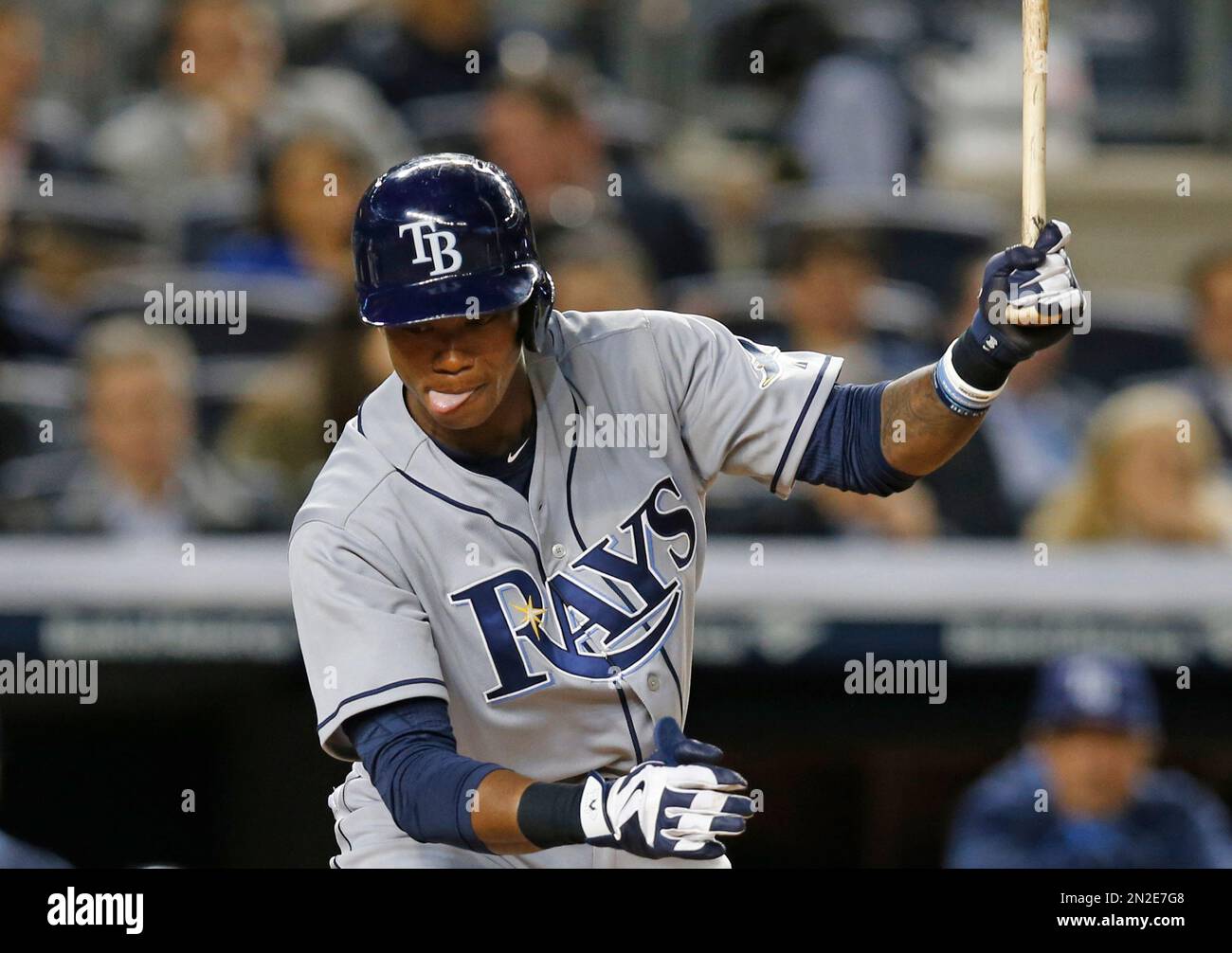 Tampa Bay Rays designated hitter Tim Beckham (1) reacts striking out ...