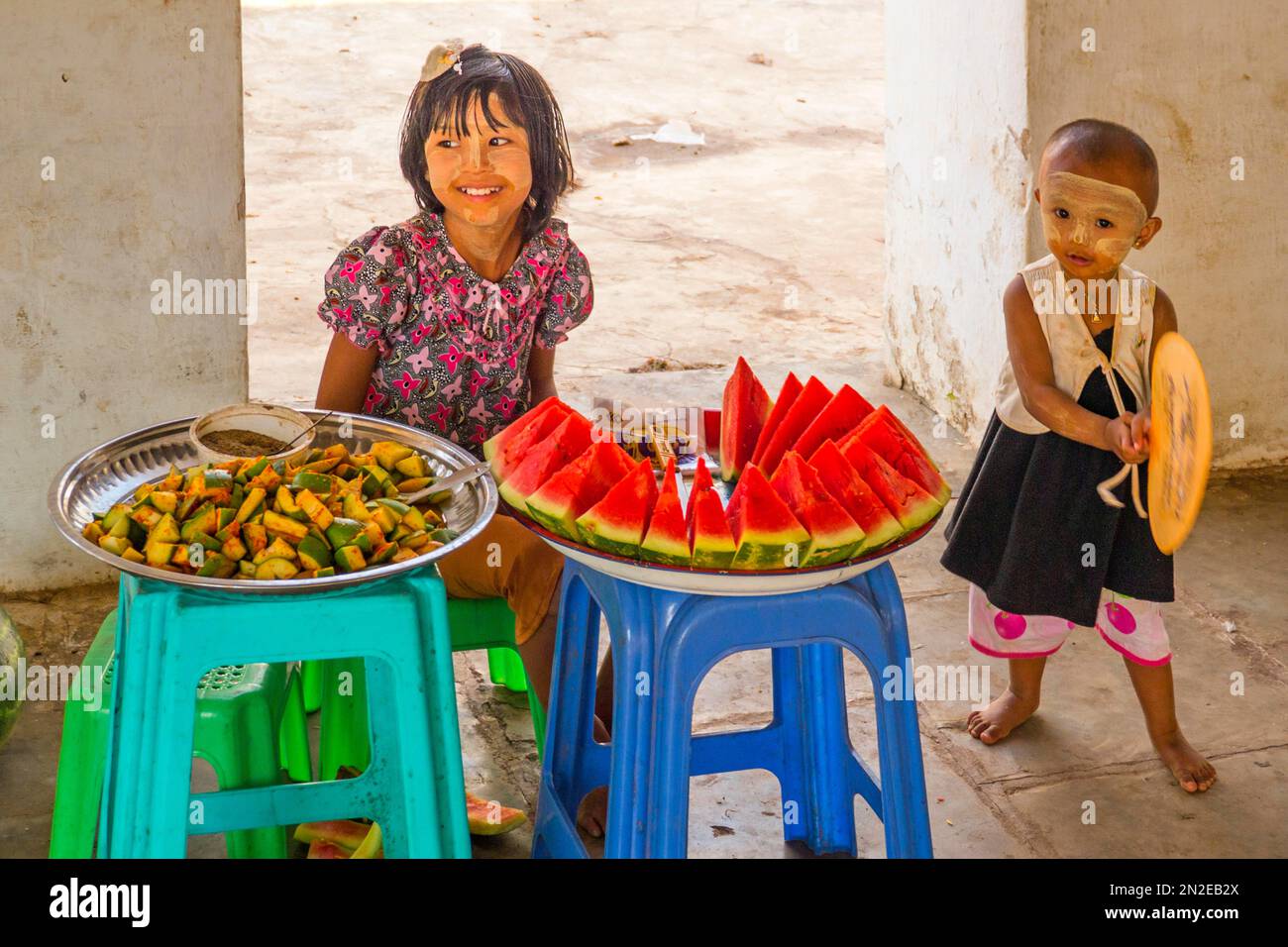 Children with Tanaka painting, Myanmar, Myanmar Stock Photo - Alamy