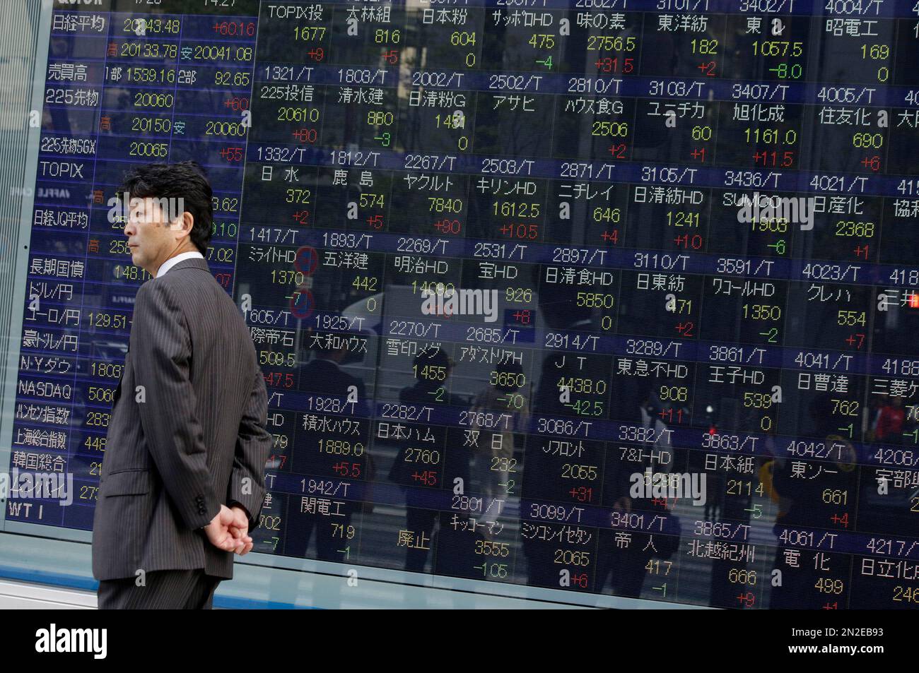 A man stands near an electronic stock board of a securities firm in ...