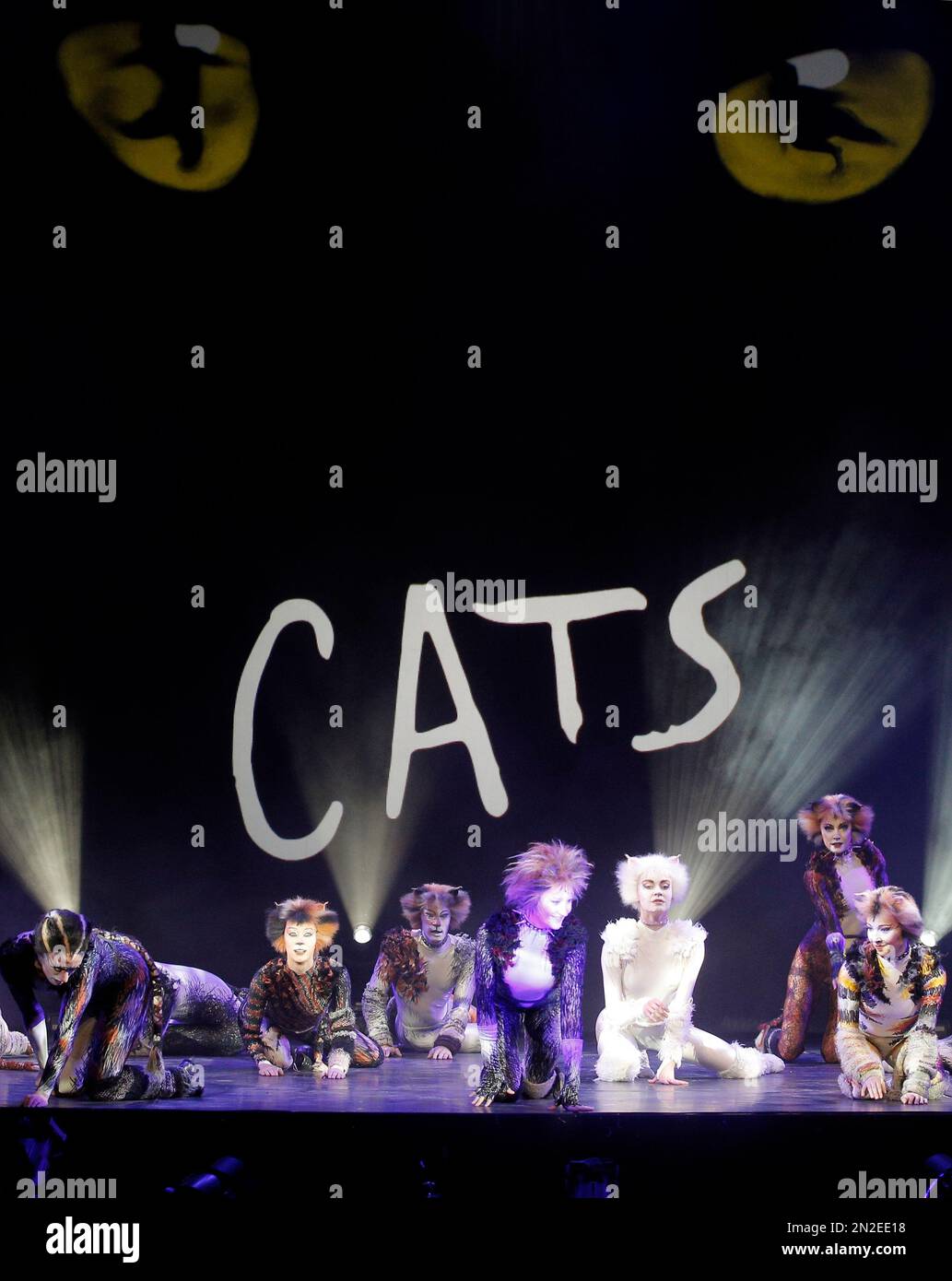 Performers in cat costumes dance during a press presentation to promote ...