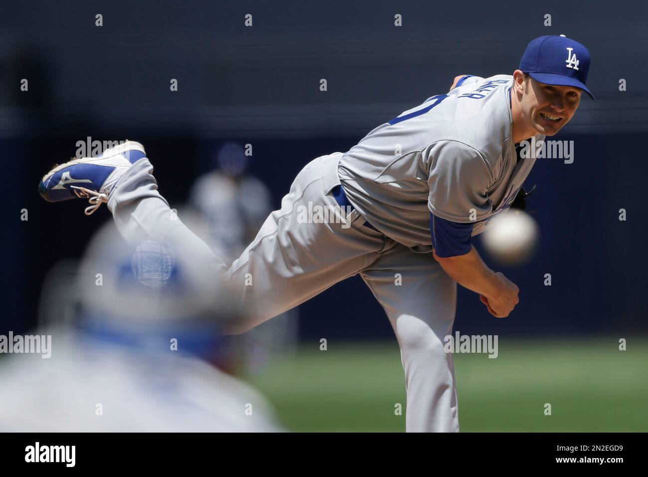 Los Angeles Dodgers starting pitcher Scott Baker pitches to a San Diego ...