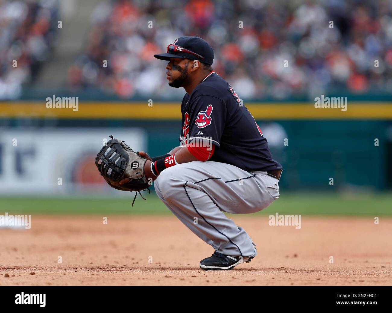 Cleveland Indians first baseman Carlos Santana waits for a play against ...