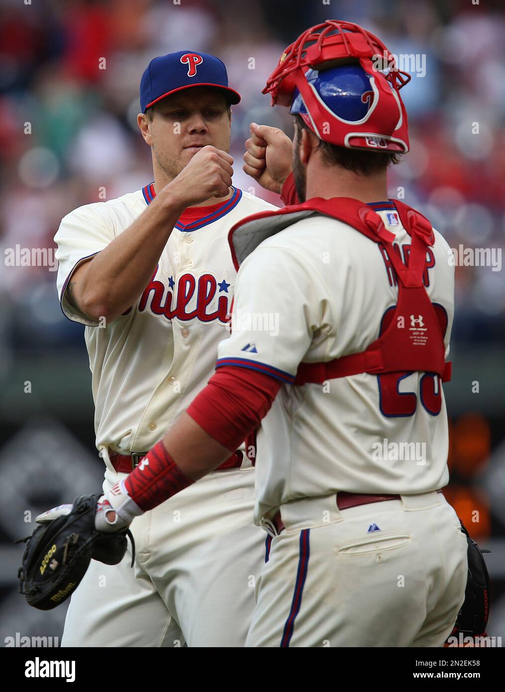 Philadelphia Phillies relief pitcher Jonathan Papelbon, left, fist ...