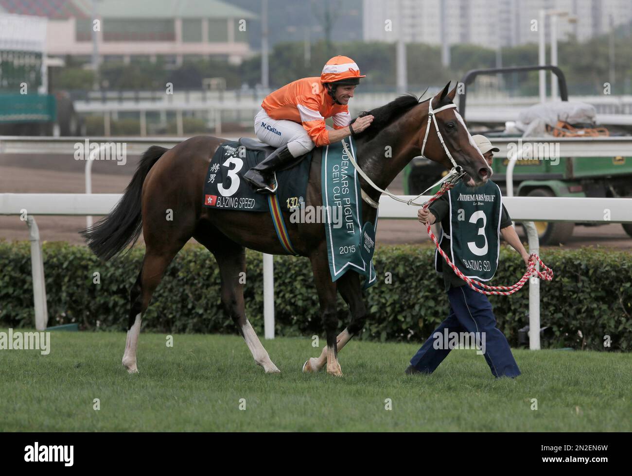 Irish jockey Neil Callan pats Hong Kong horse Blazing Speed after ...