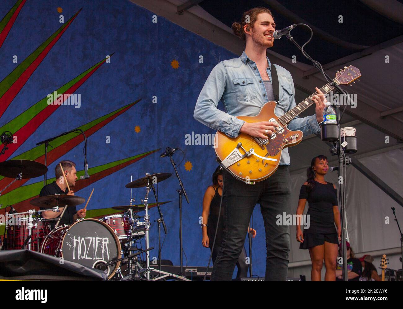 Irish musician Andrew Hozier-Byrne performs as Hozier with his band at the New Orleans Jazz ...