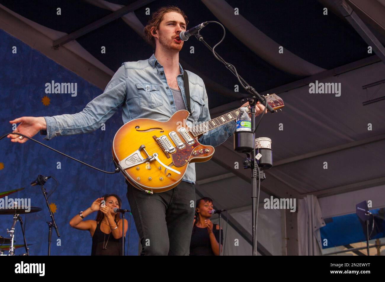 Irish musician Andrew Hozier-Byrne performs as Hozier with his band at the New Orleans Jazz ...
