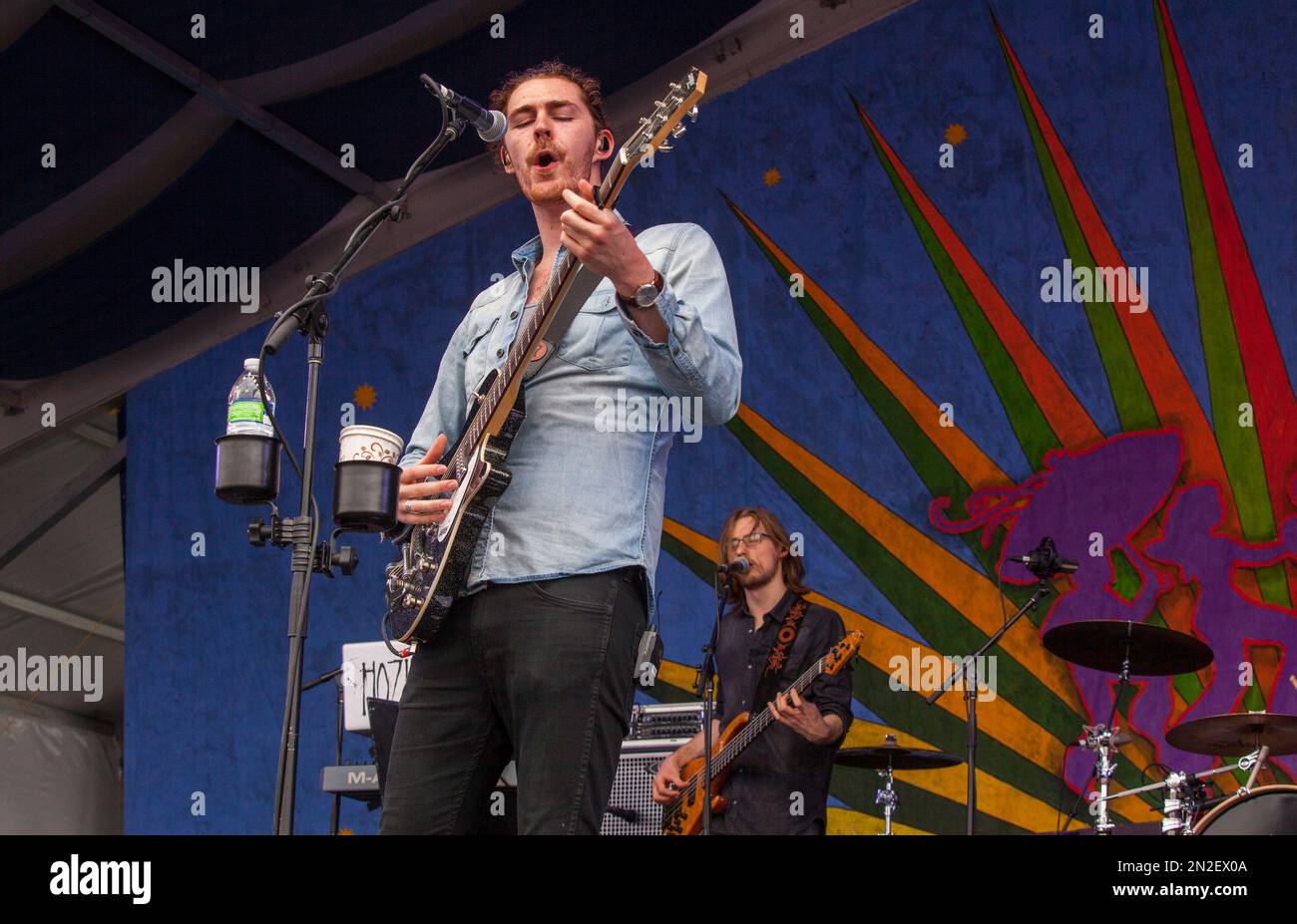 Irish musician Andrew Hozier-Byrne performs as Hozier with his band at the New Orleans Jazz ...