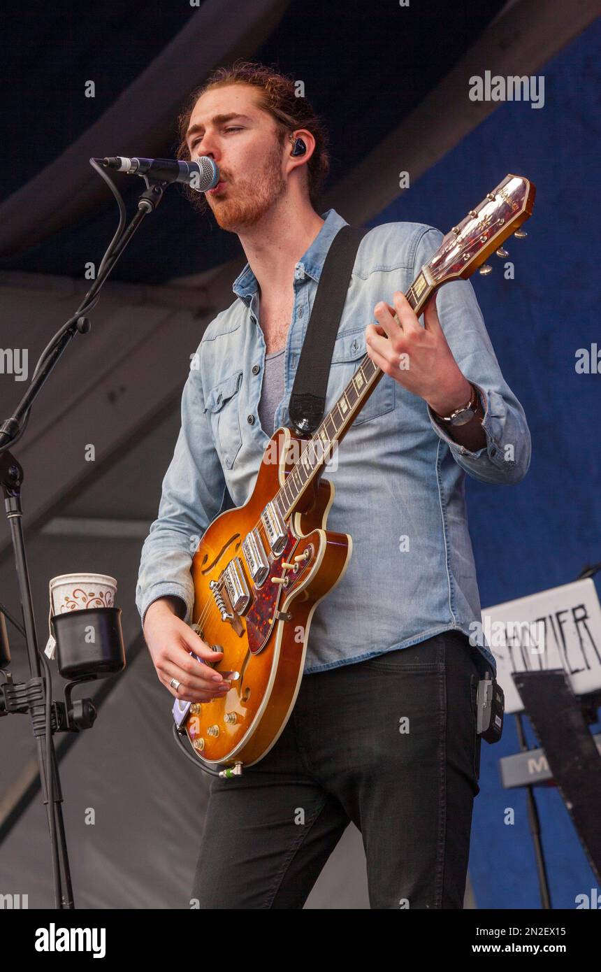 Irish musician Andrew Hozier-Byrne performs as Hozier with his band at the New Orleans Jazz ...