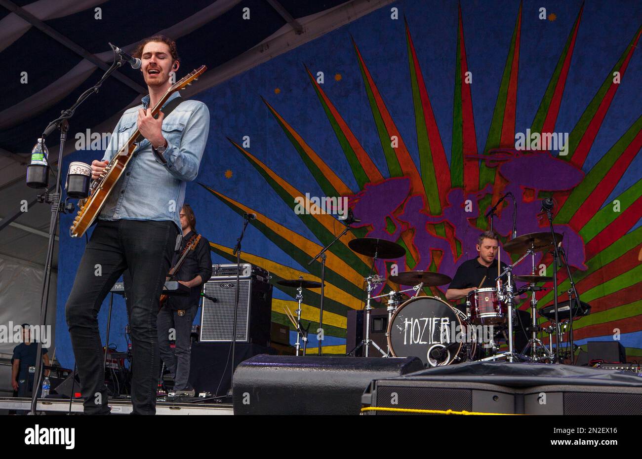 Irish musician Andrew Hozier-Byrne performs as Hozier with his band at the New Orleans Jazz ...