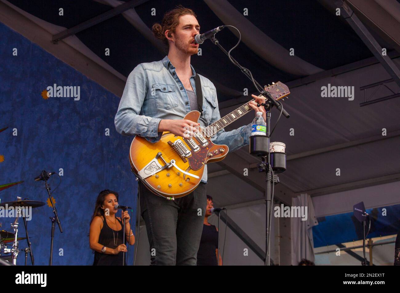 Irish musician Andrew Hozier-Byrne performs as Hozier with his band at the New Orleans Jazz ...