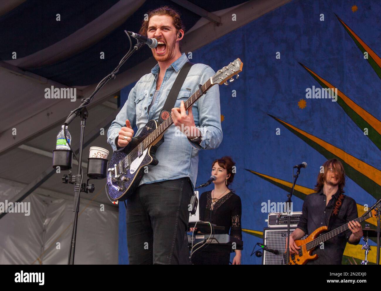 Irish musician Andrew Hozier-Byrne performs as Hozier with his band at the New Orleans Jazz ...