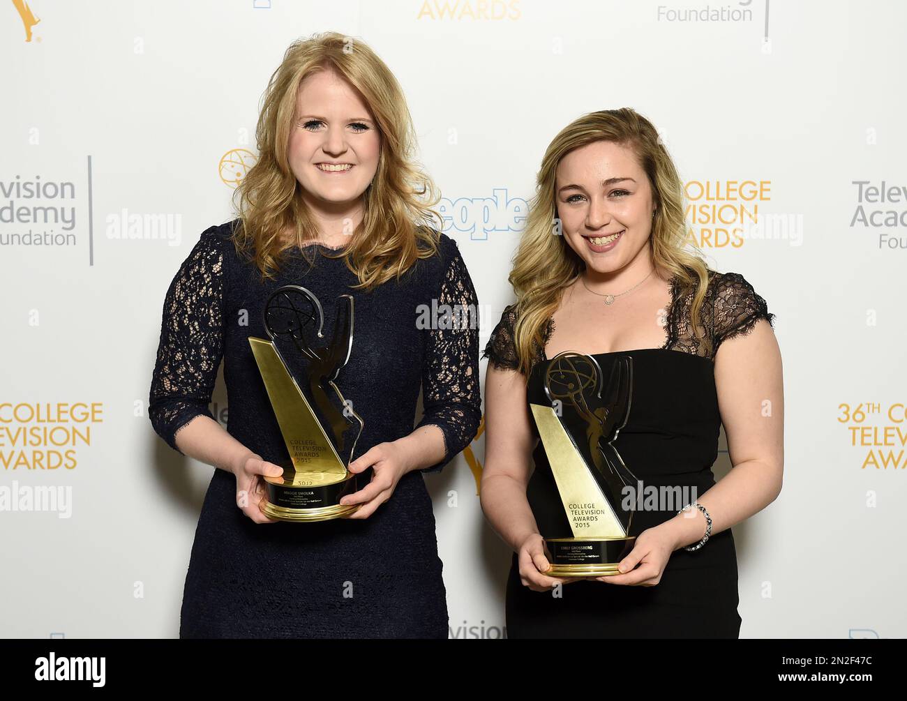 Maggie Smolka, left ,and Emily Grossberg of Emerson College pose for a ...