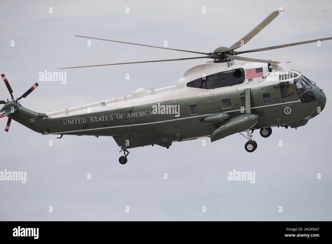 A Sikorsky VH-3D Sea King with Marine Helicopter Squadron One (HMX-1) prepares to land at Miami ...