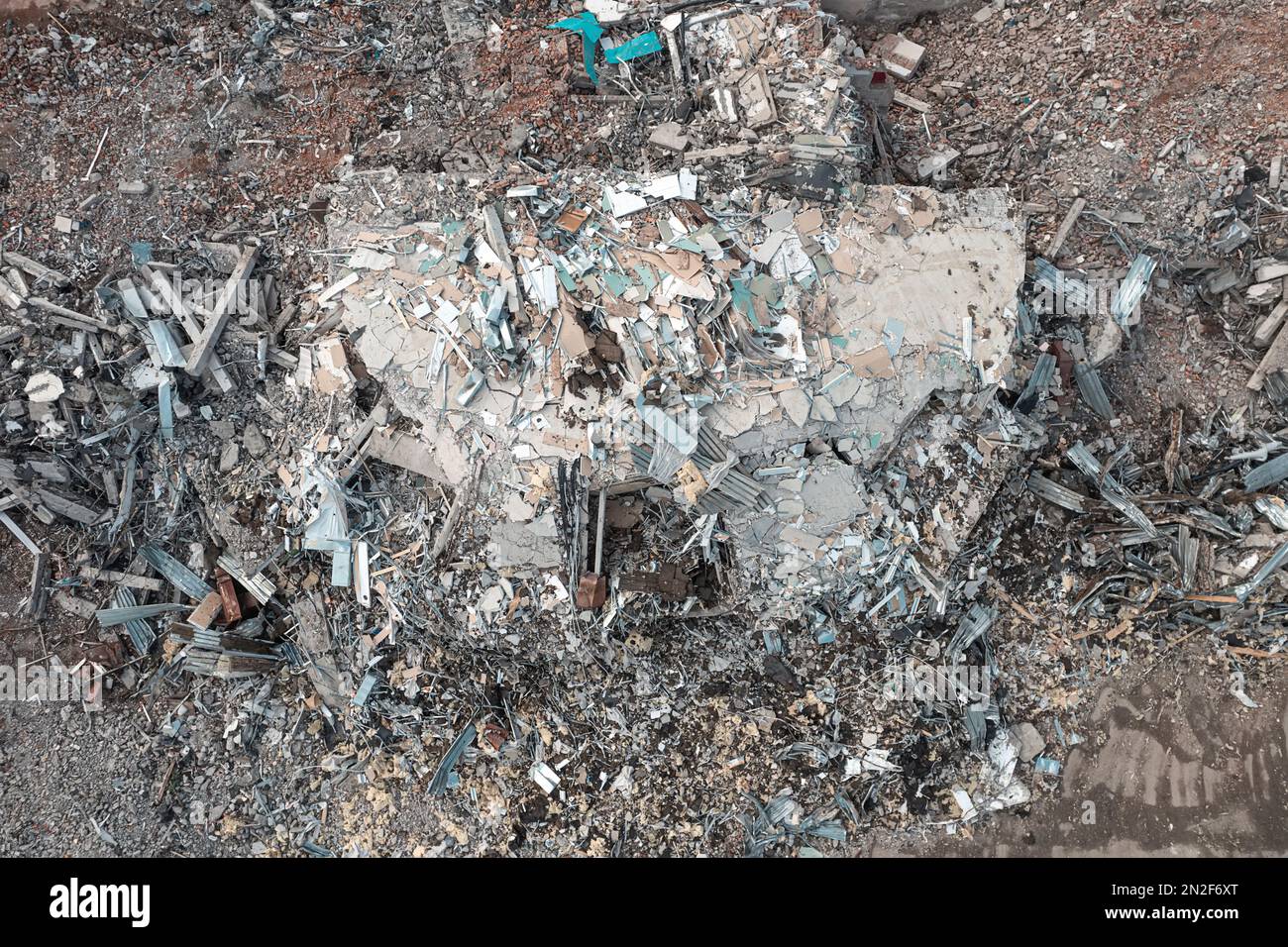 Top view of the destroyed building. Aerial view of the ruins. top view ...