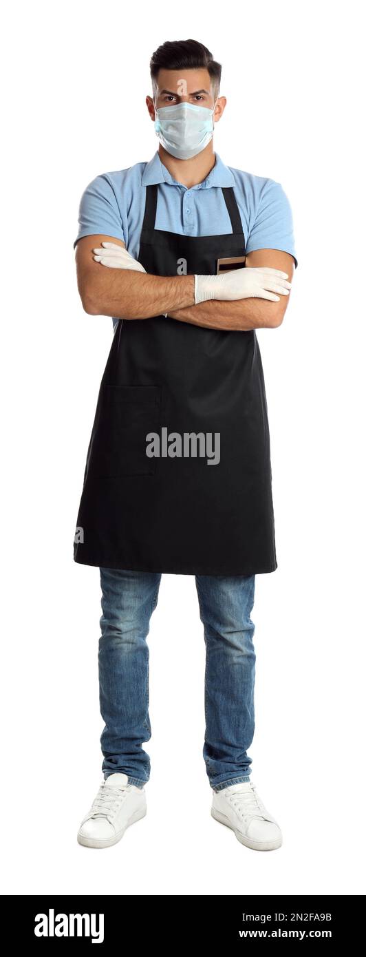 Waiter wearing medical face mask on white background Stock Photo - Alamy