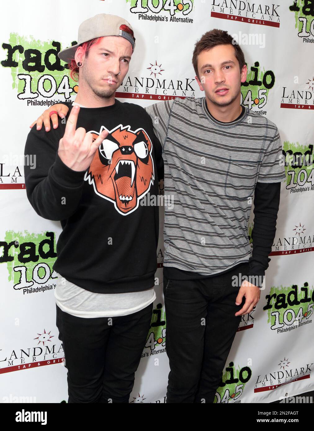 Josh Dun, left, and Tyler Joseph of the band Twenty One Pilots visit ...