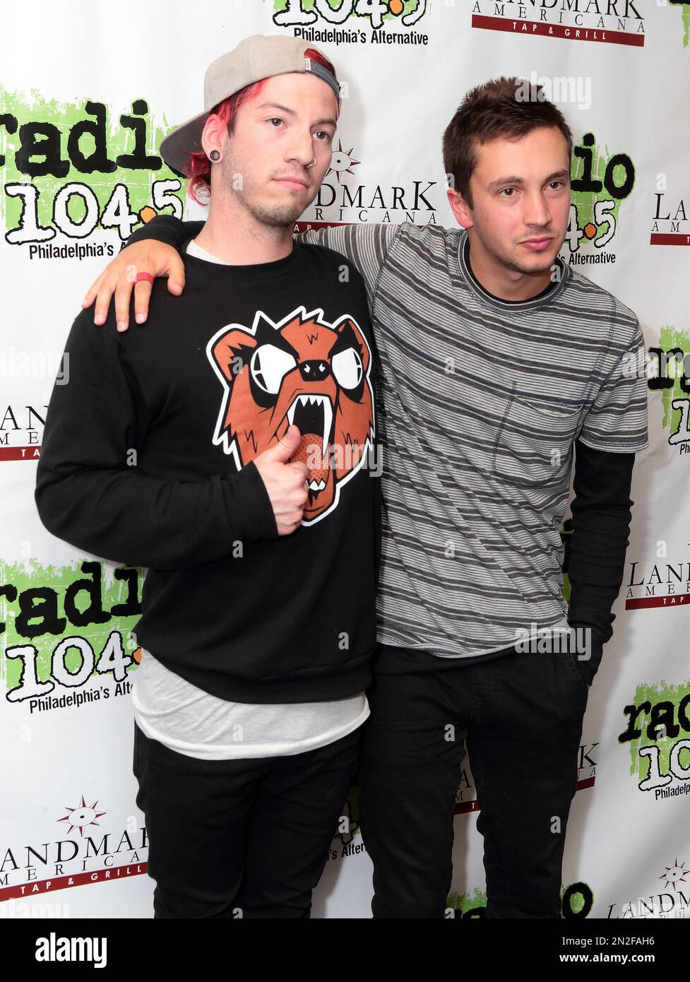 Josh Dun, left, and Tyler Joseph of the band Twenty One Pilots visit ...