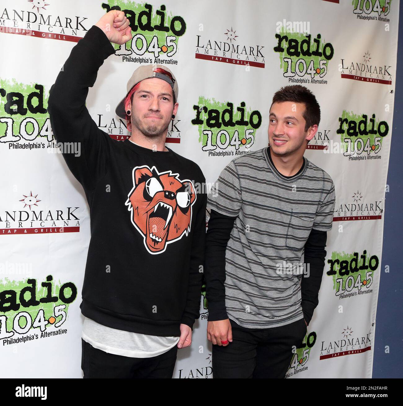 Josh Dun, left, and Tyler Joseph of the band Twenty One Pilots visit ...