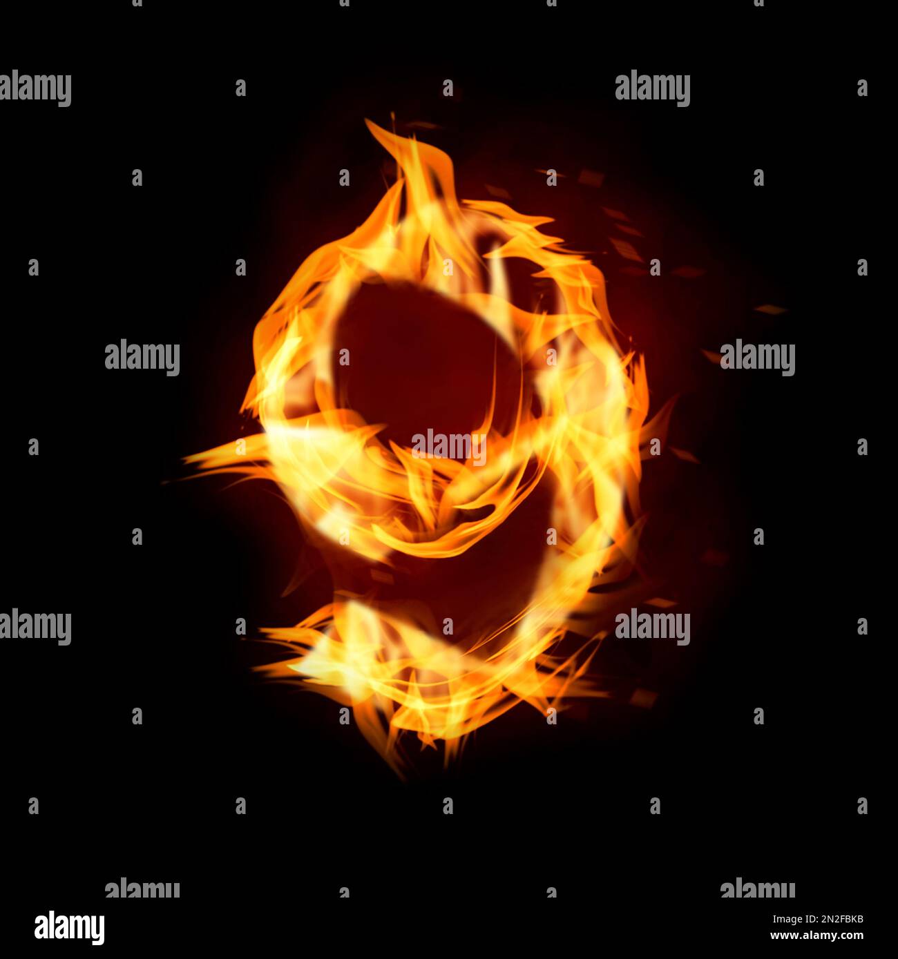 Flaming 9 on black background. Stylized number design Stock Photo - Alamy