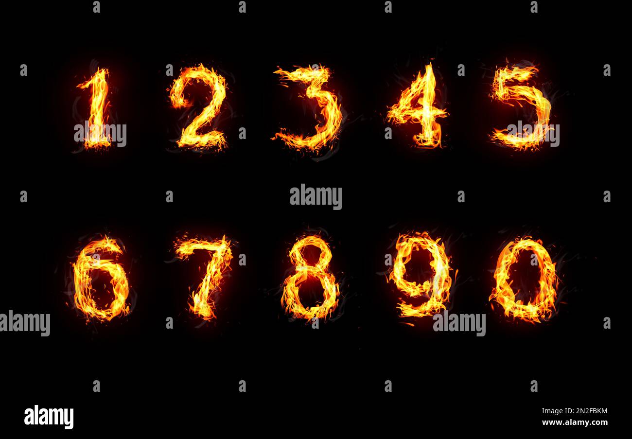 Set of flaming numbers on black background Stock Photo - Alamy