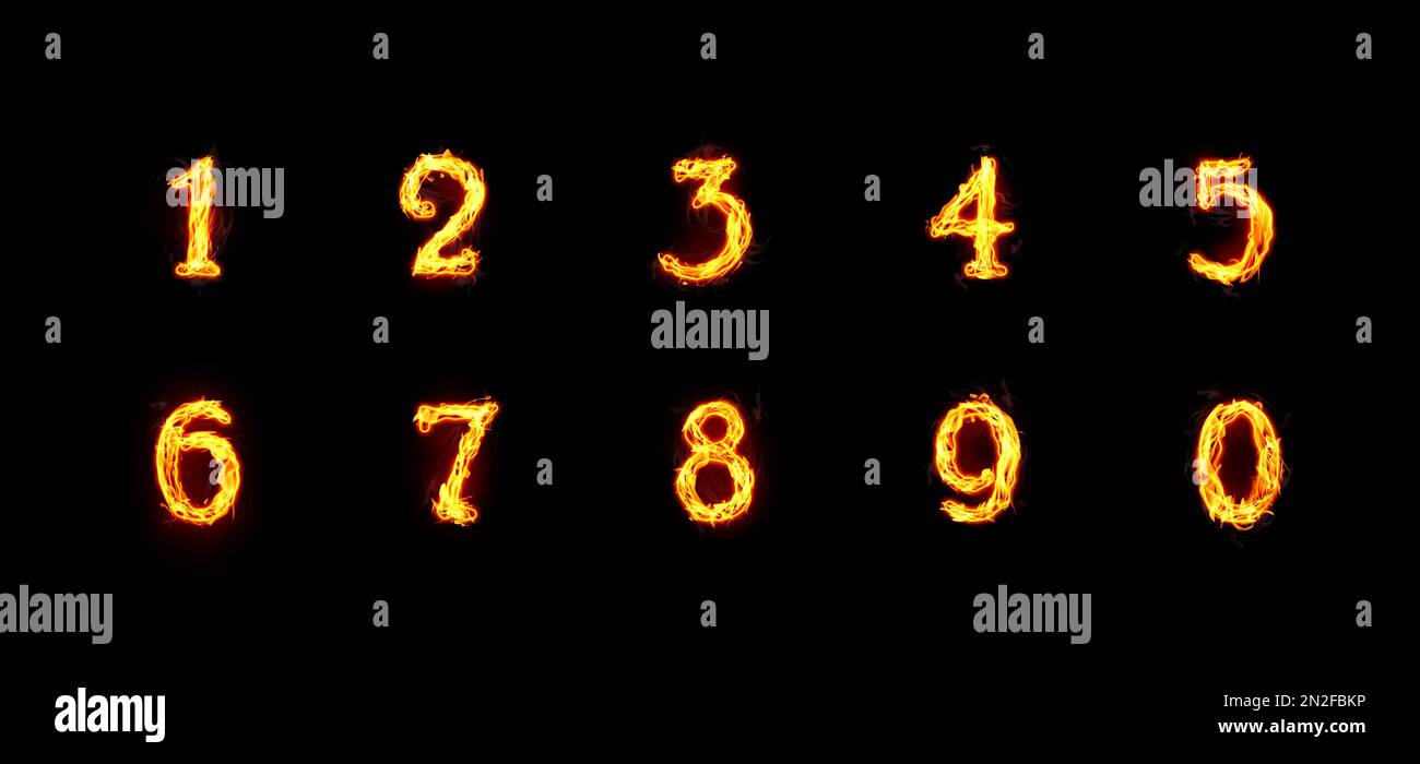 Set of flaming numbers on black background Stock Photo - Alamy