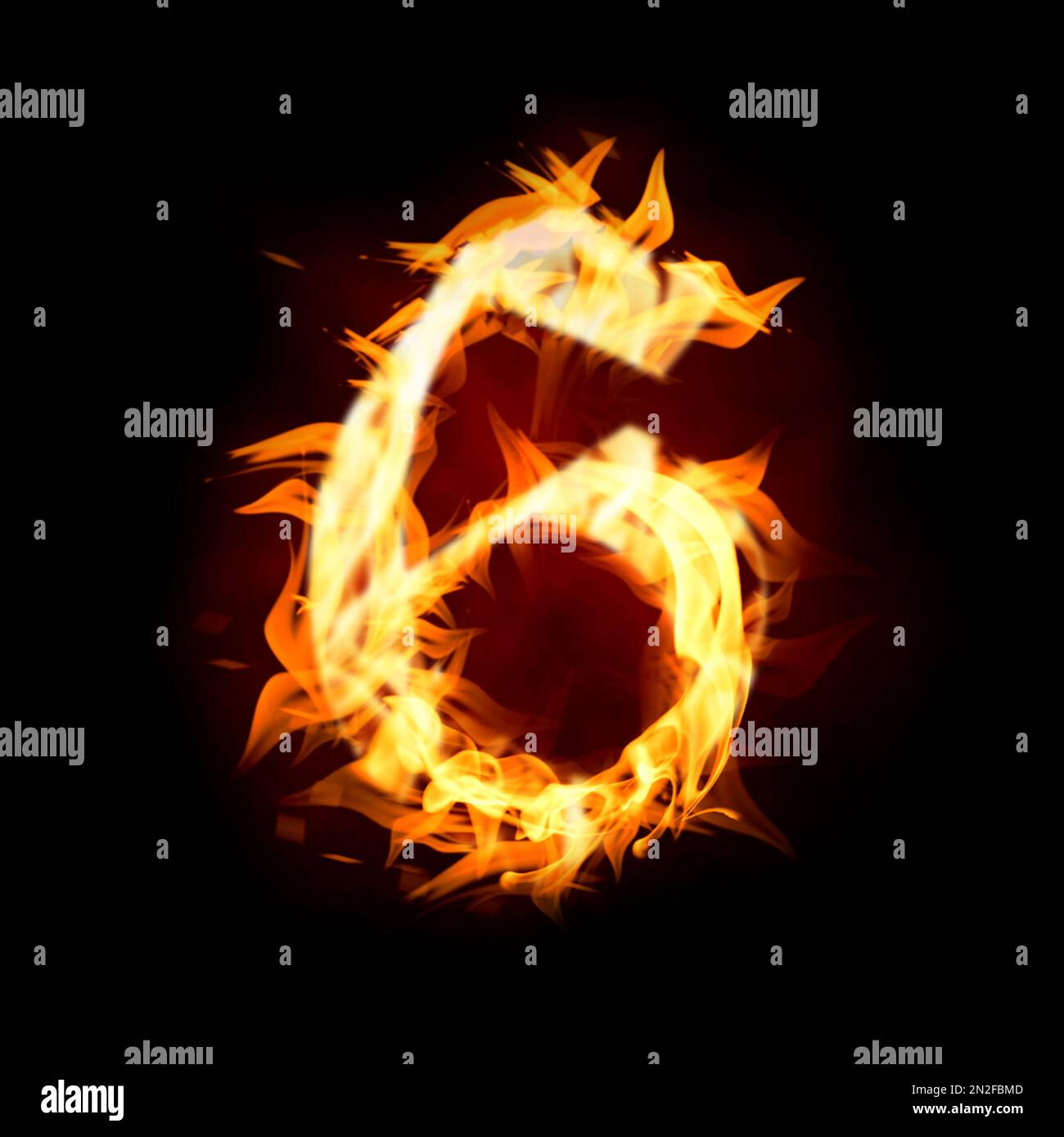 Flaming 6 on black background. Stylized number design Stock Photo - Alamy