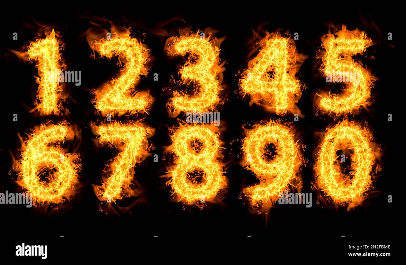 Set of flaming numbers on black background Stock Photo - Alamy