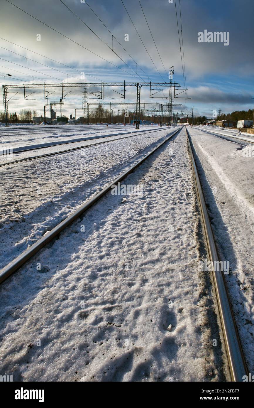 Snow rail track railway winter rail line station perspective hi-res ...
