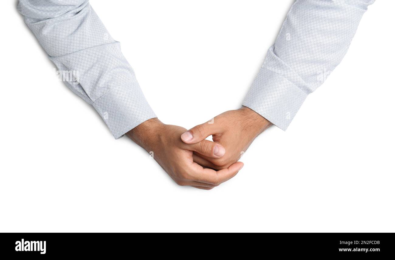 Man on white background, top view. Closeup of hands Stock Photo - Alamy
