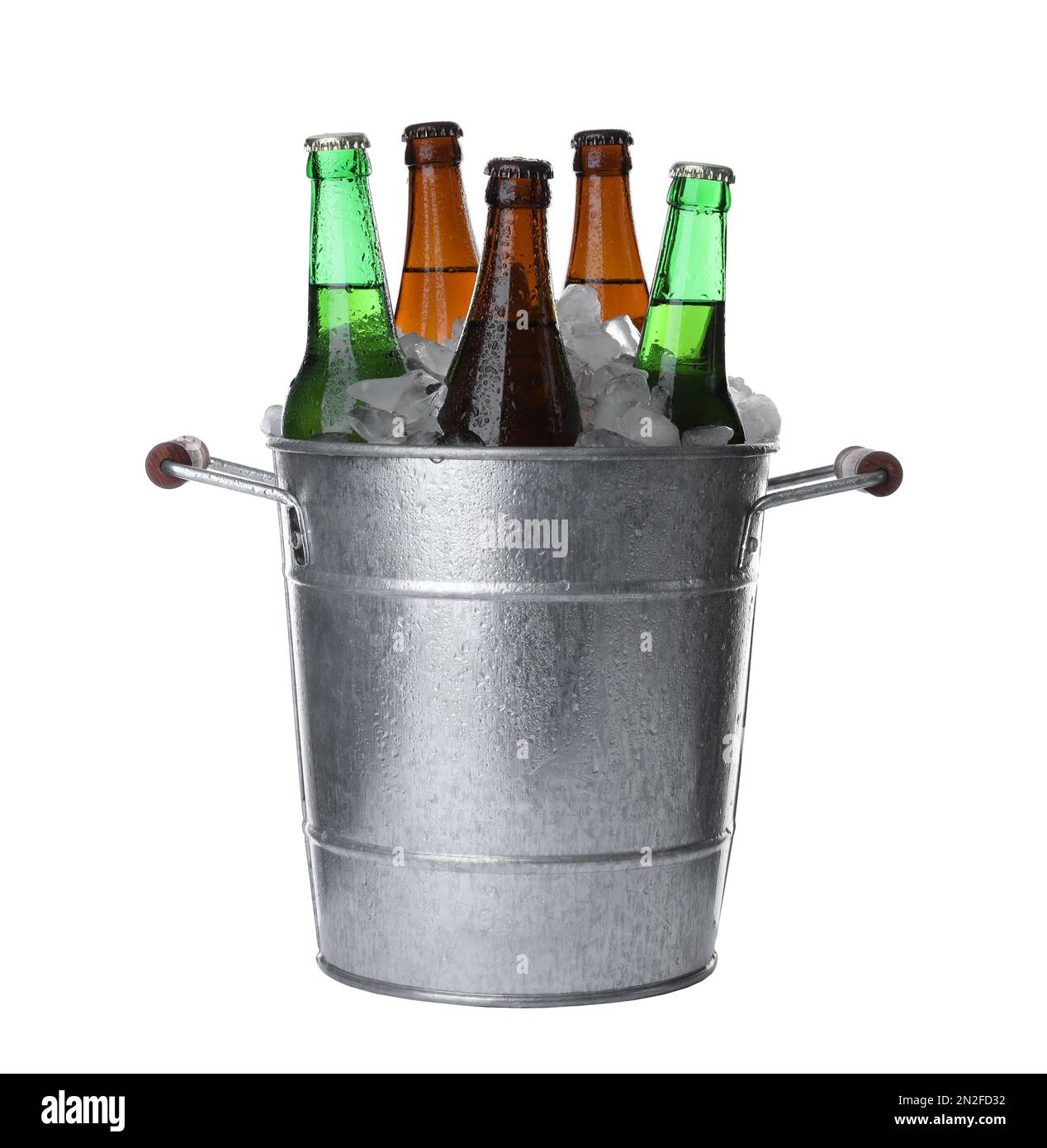 Metal bucket with bottles of beer and ice cubes isolated on white Stock ...
