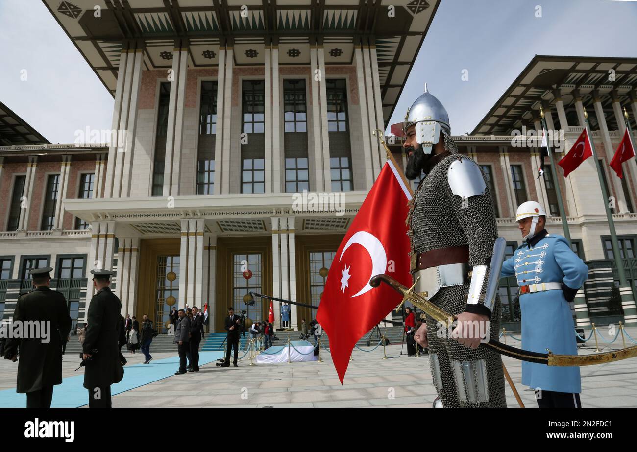 A Turkish military guard of honour in historical warrior gear stands ...