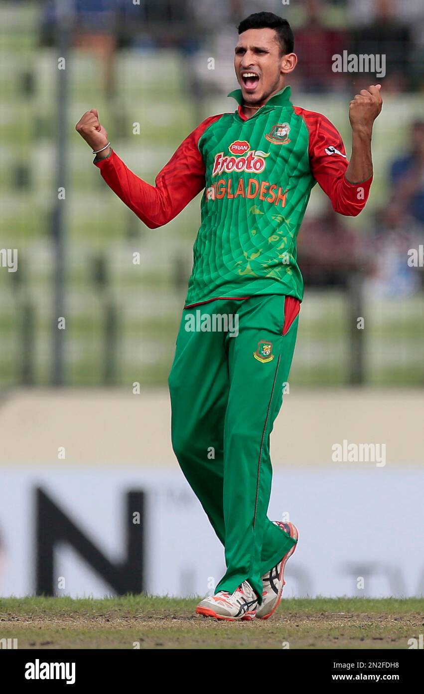 Bangladesh’s Nasir Hossain celebrates the dismissal of Pakistan’s Sami ...