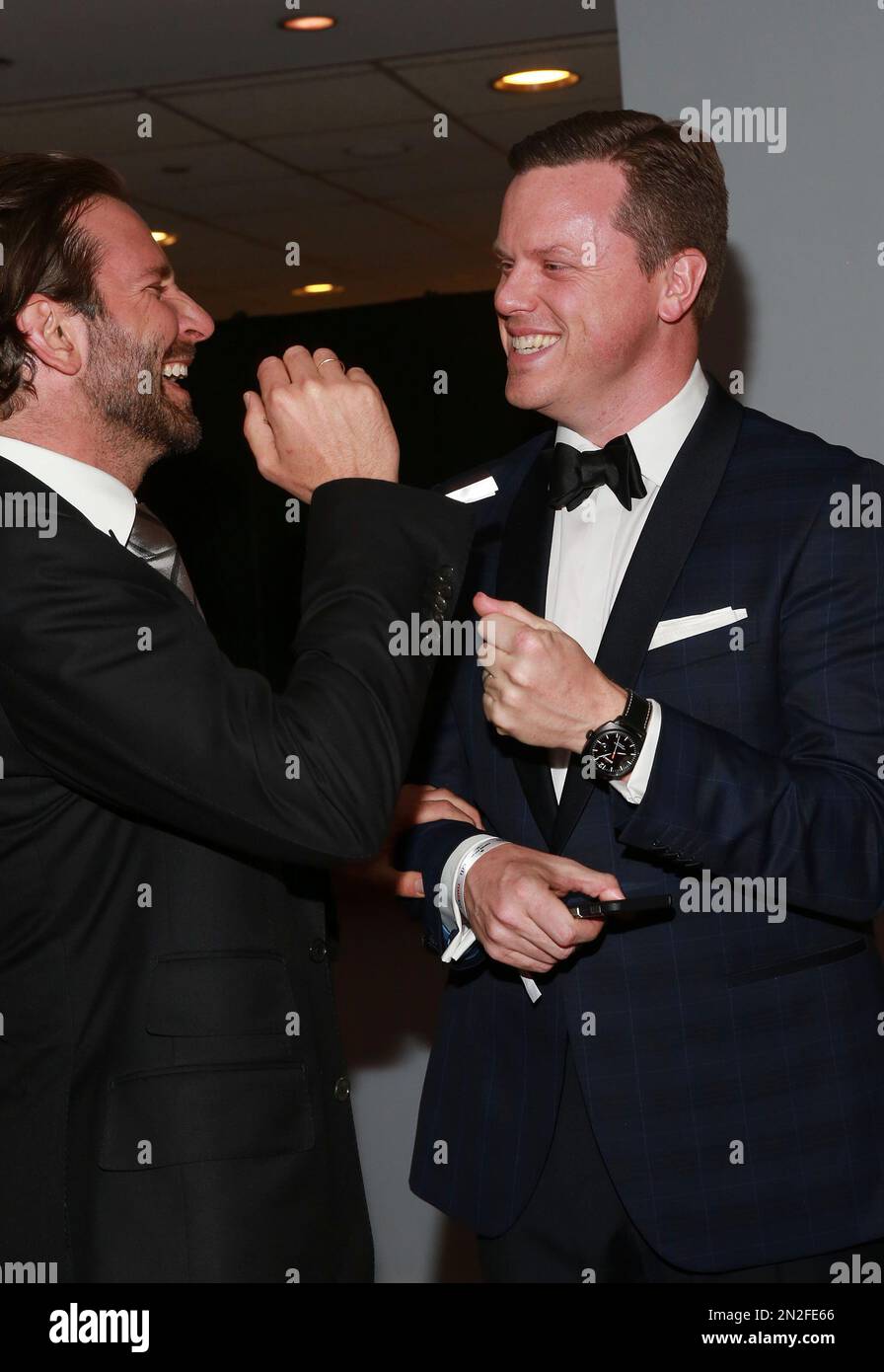 Bradley Cooper and Willie Geist attend the 2015 TIME 100 Gala cocktail ...