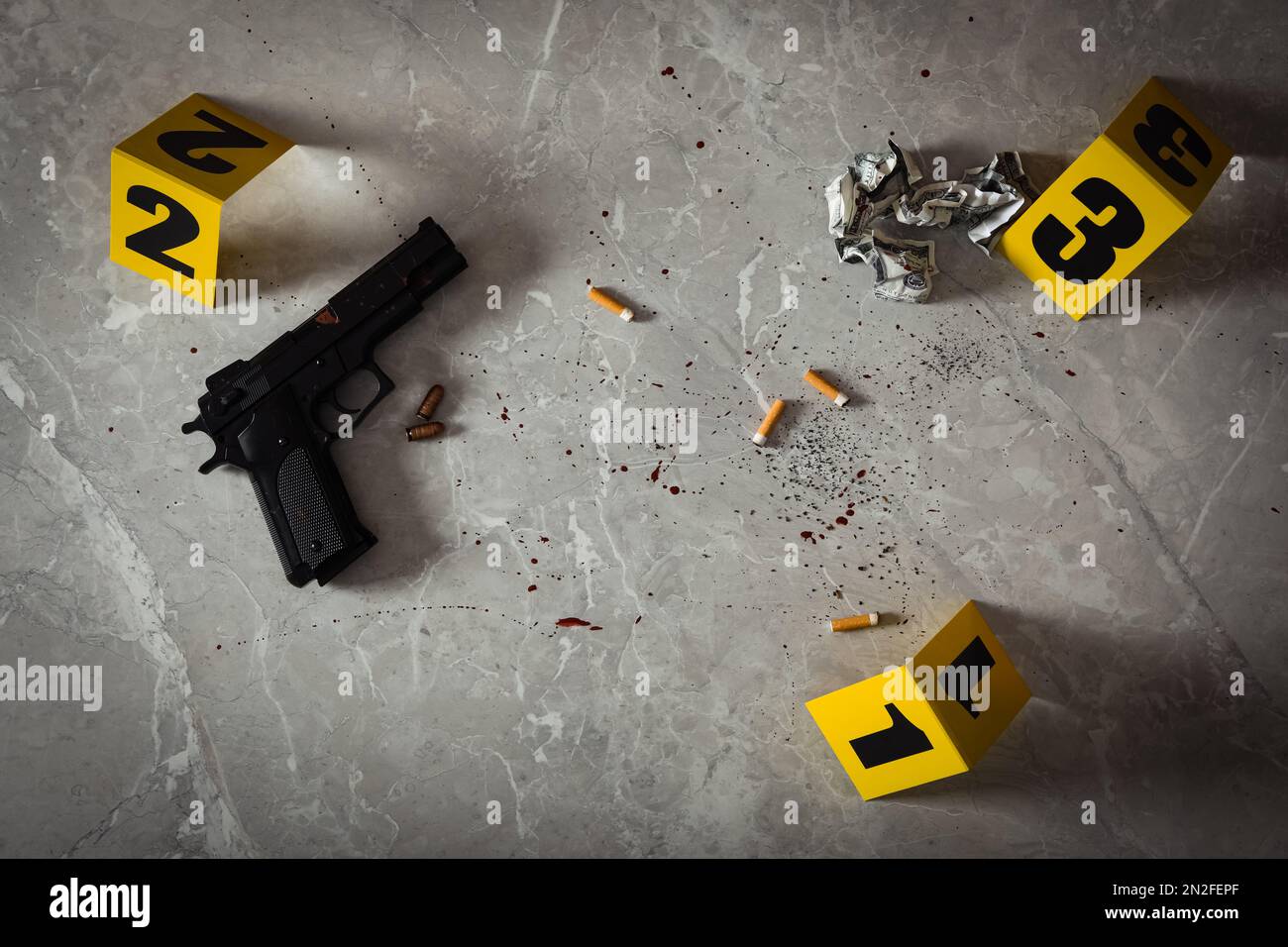 Evidences and crime scene markers on light grey marble background, flat ...