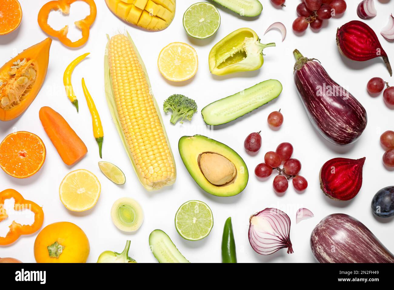 Composition with fresh organic fruits and vegetables on white ...