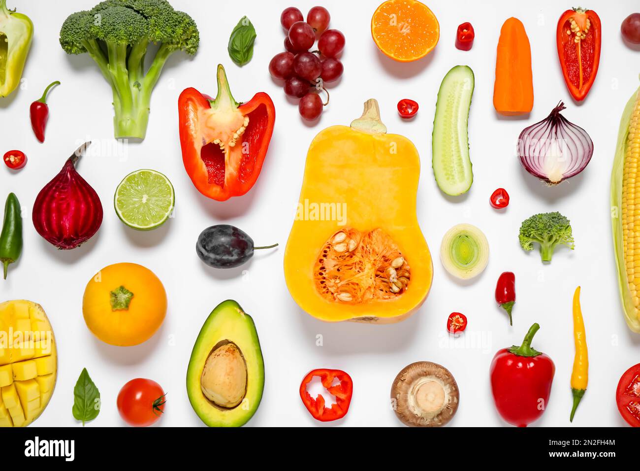 Composition with fresh organic fruits and vegetables on white ...