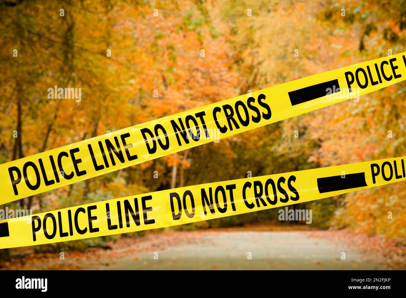 Yellow police tape isolating crime scene. Blurred view of autumn park ...