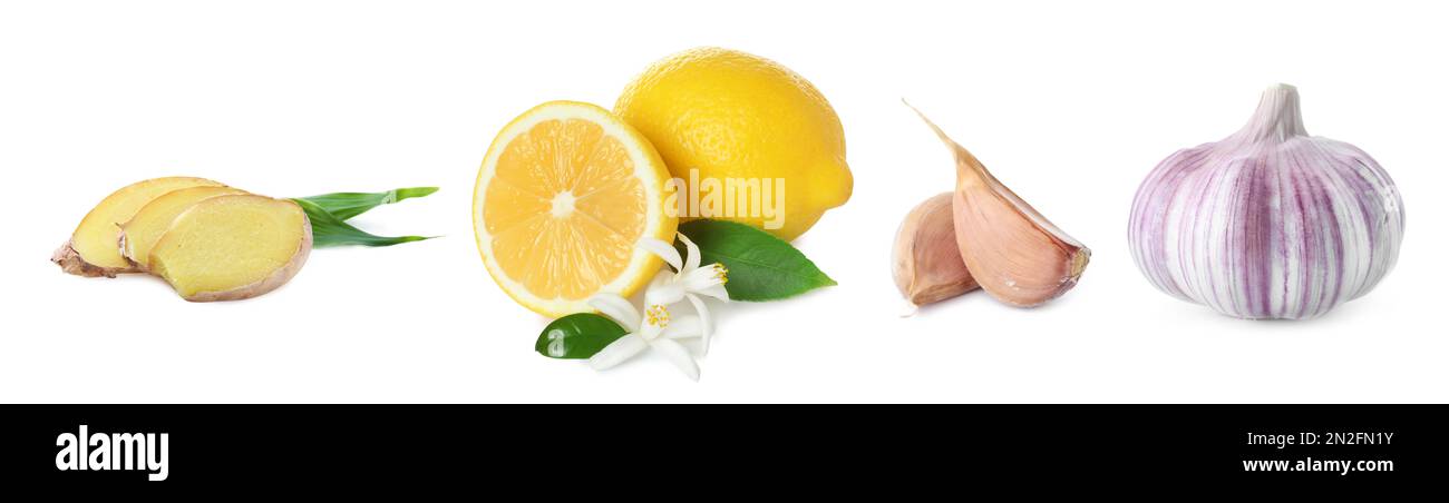 Ginger root, garlic and lemon on white background. Banner design Stock ...