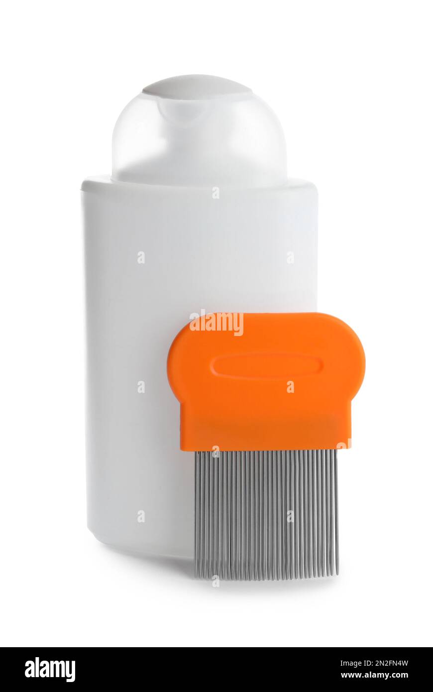Shampoo and metal comb for anti lice treatment on white background ...