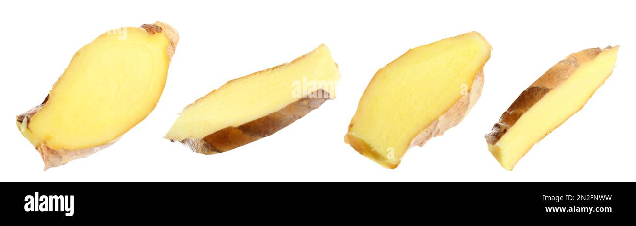 Set of fresh ginger slices on white background. Banner design Stock ...