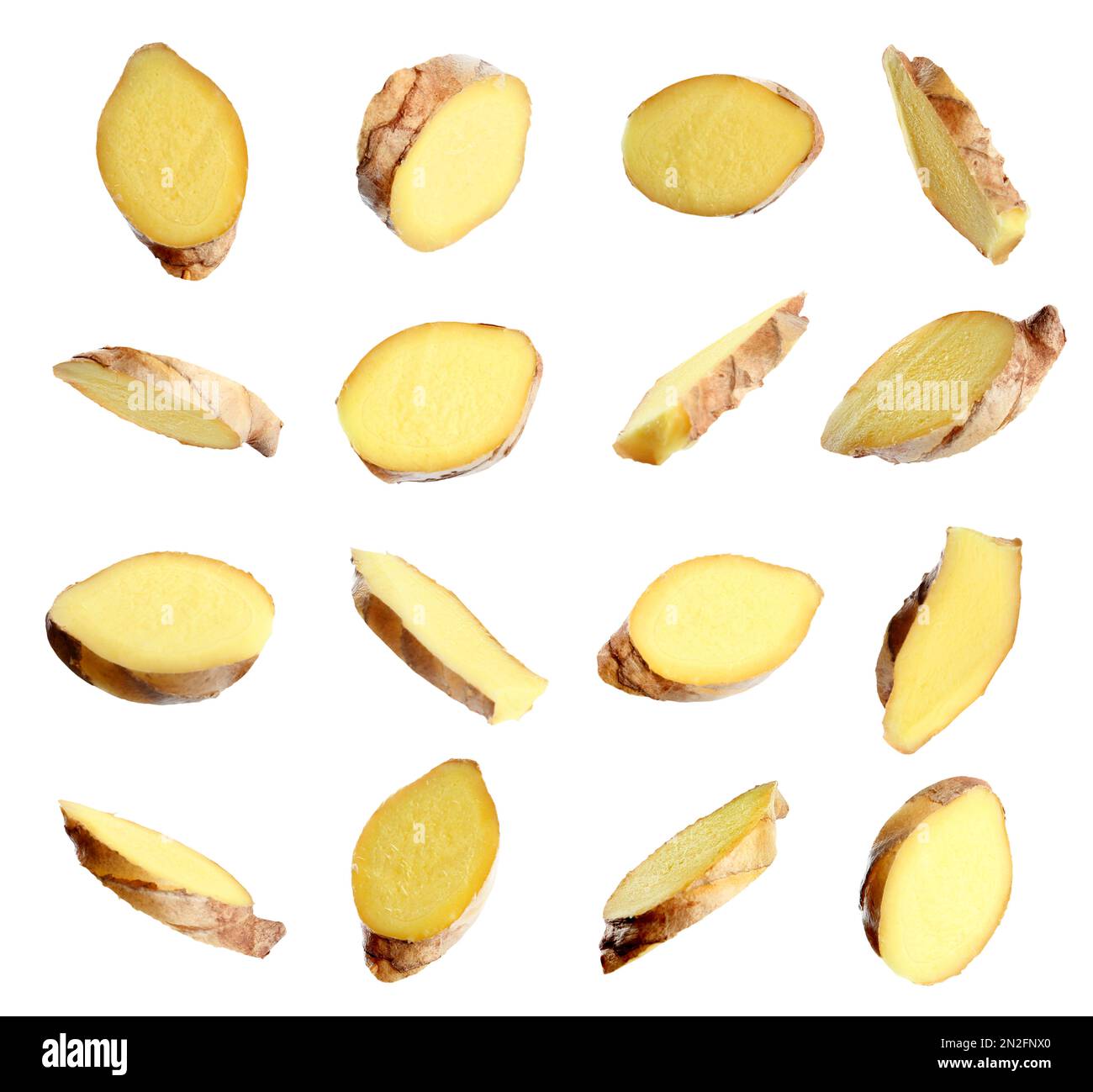 Set of fresh ginger slices on white background Stock Photo - Alamy