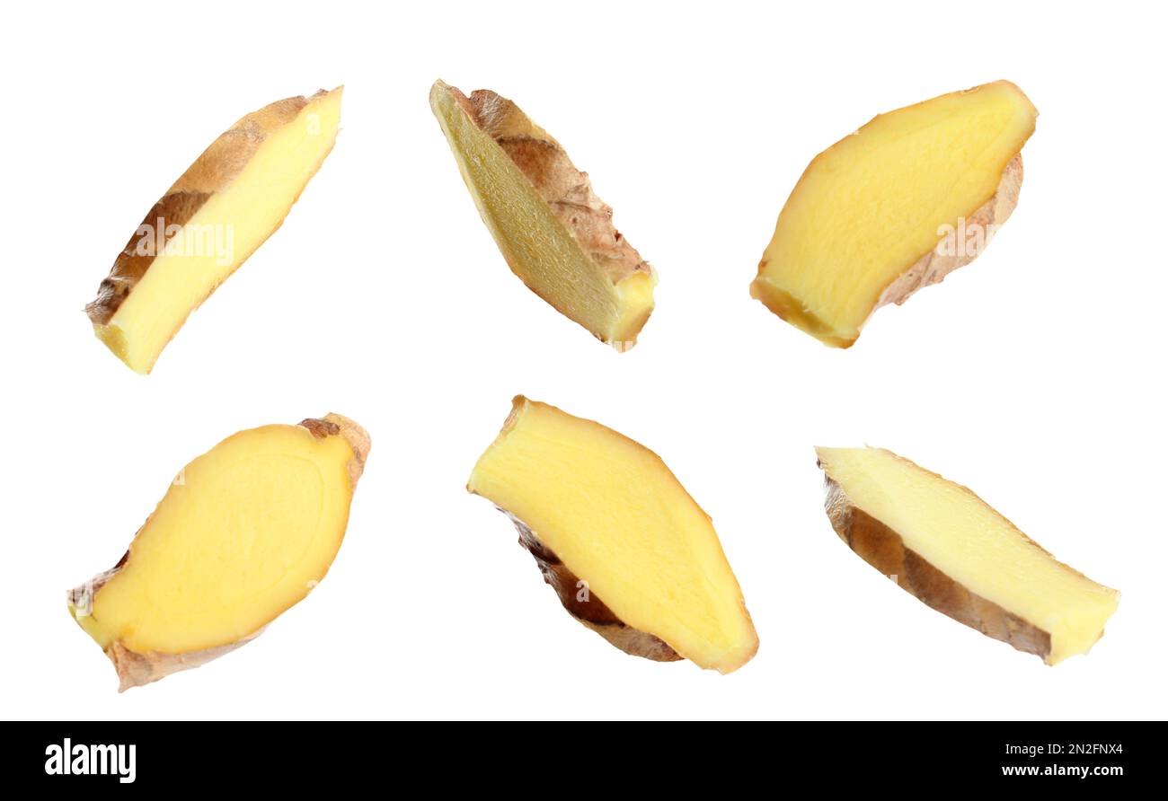 Set of fresh ginger slices on white background Stock Photo - Alamy