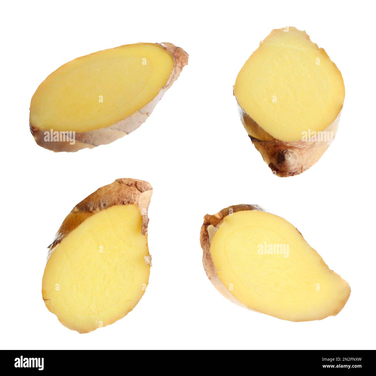 Set of fresh ginger slices on white background Stock Photo - Alamy