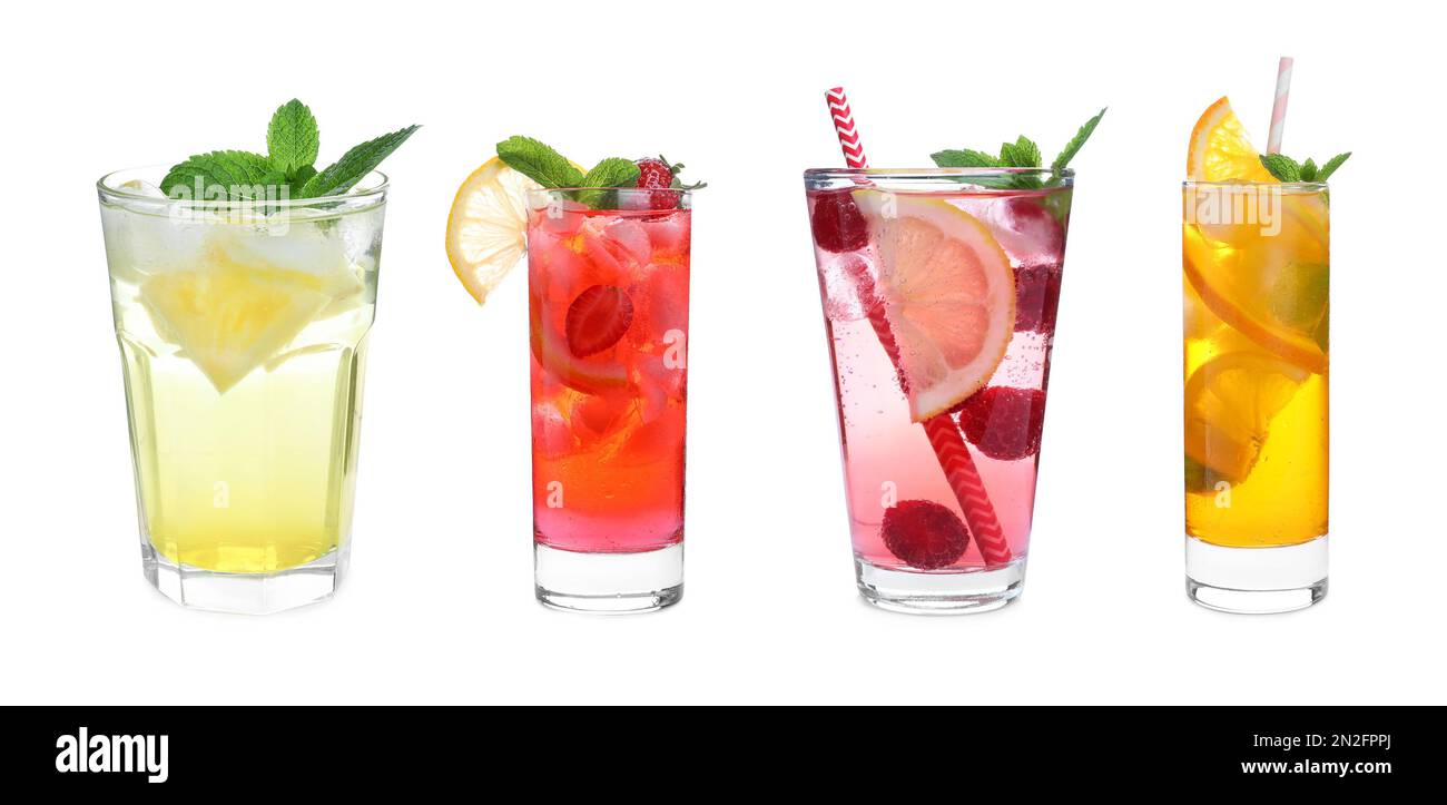 Set of different lemonade drinks made with soda water on white ...