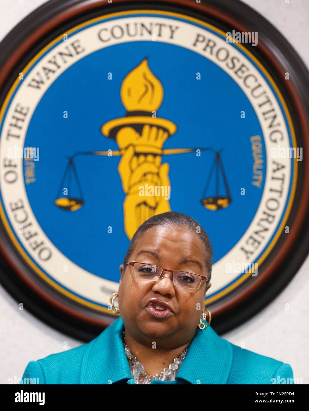 Wayne County Prosecutor Kym Worthy speaks during a news conference in ...