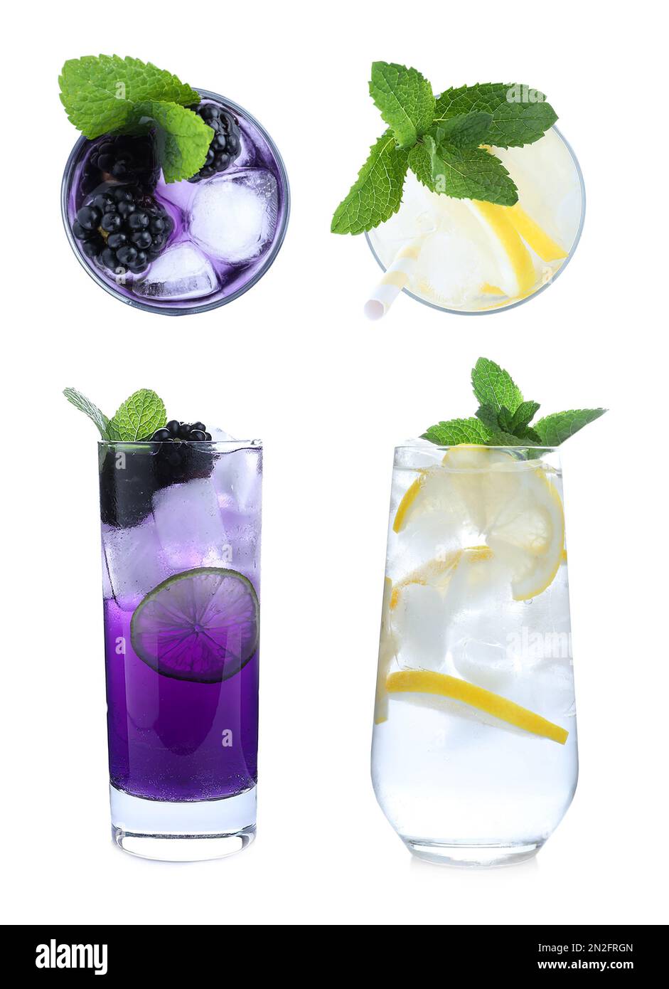 Refreshing lemonade drinks made with soda water on white background ...