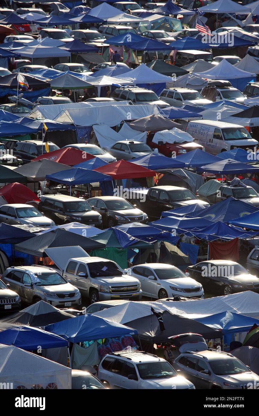 In an aerial view, tents line the on-site camping area at the Coachella ...