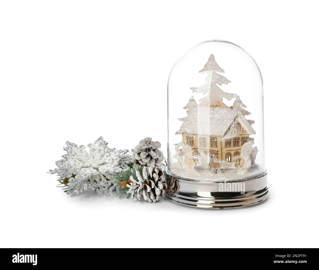 Beautiful snow globe and Christmas decor on white background Stock ...