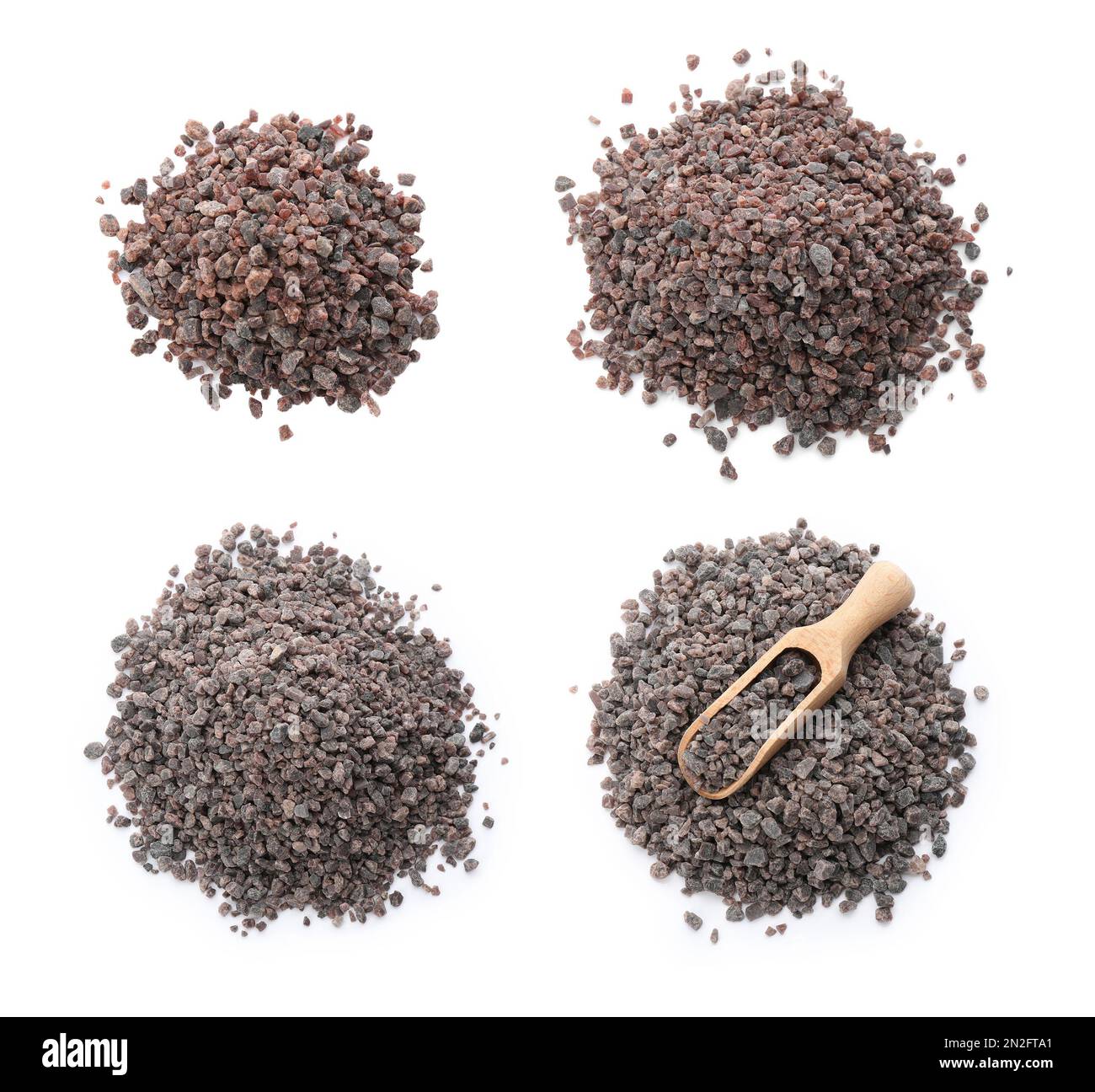 Collage with black salt on white background, top view. Banner design ...